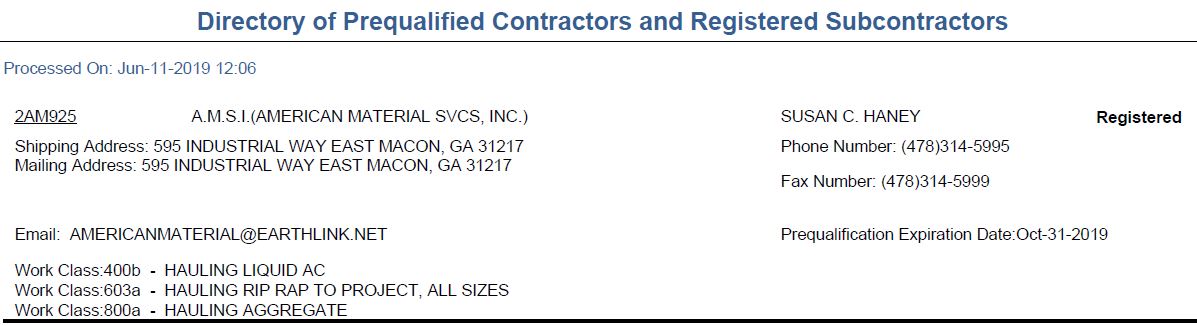 Georgia DOT Registration – American Material Services Inc.